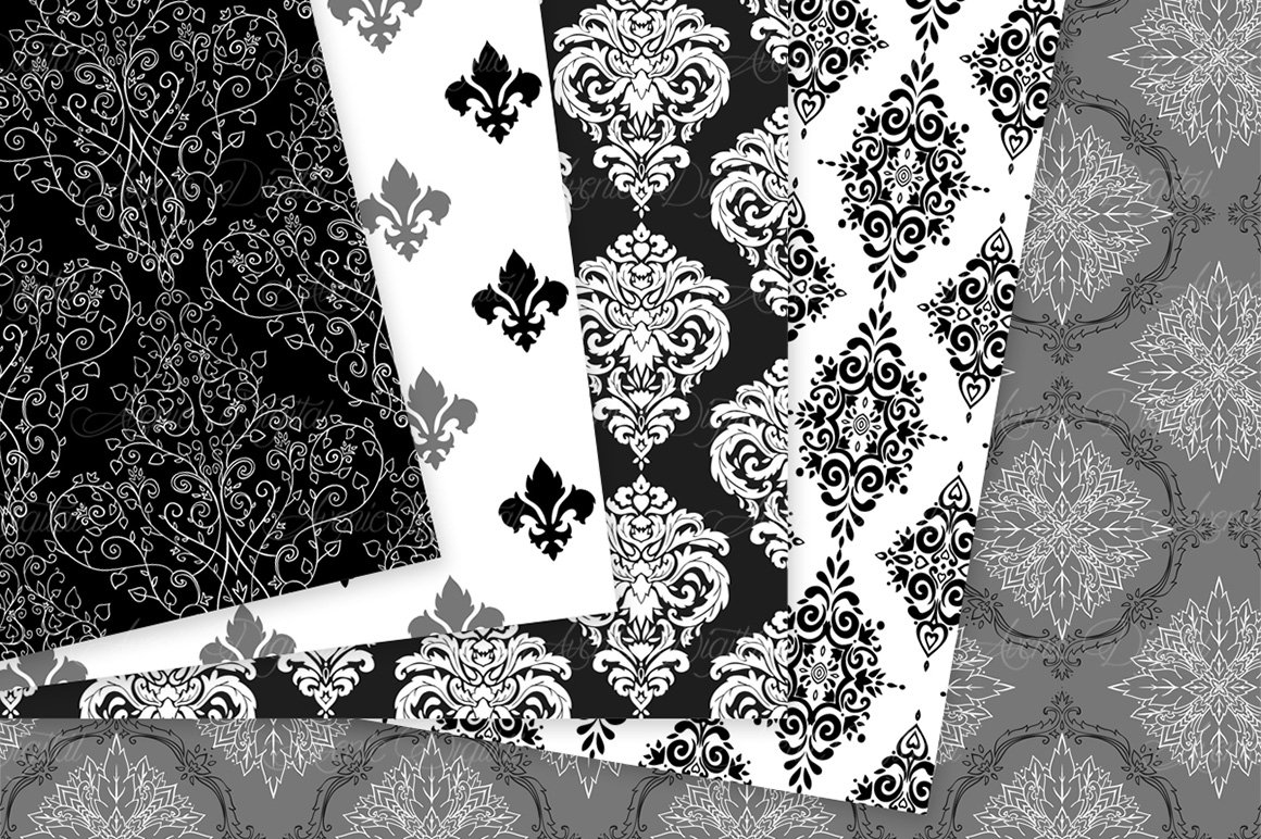 Black and White Damask Patterns - Seamless Digital Papers (42776 ...