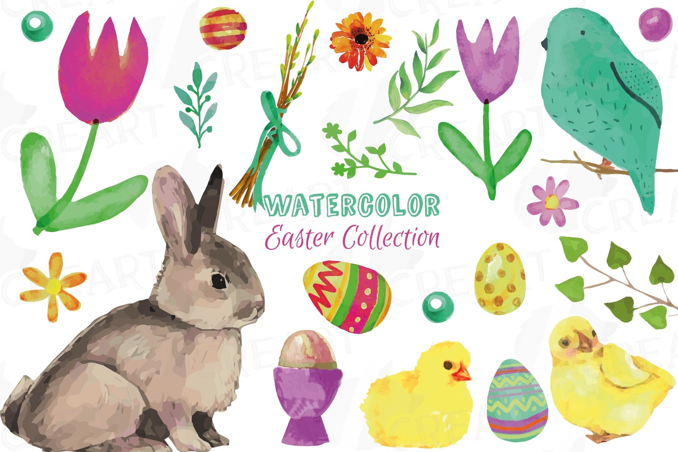 Colorful Easter elements clip art pack, printable watercolor (213234 ...