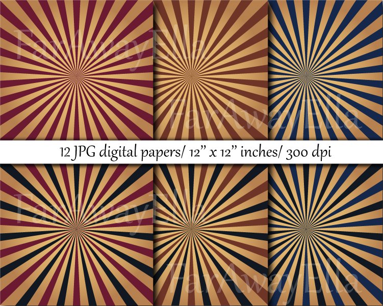 Vintage sunburst digital paper pack | 12 JPG digital papers (247449 ...
