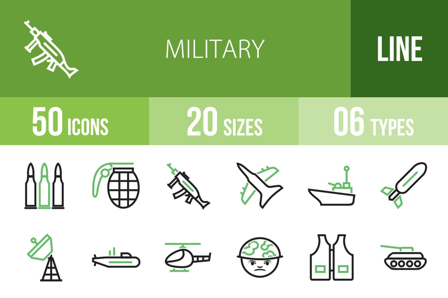 50 Military Line Green & Black Icons