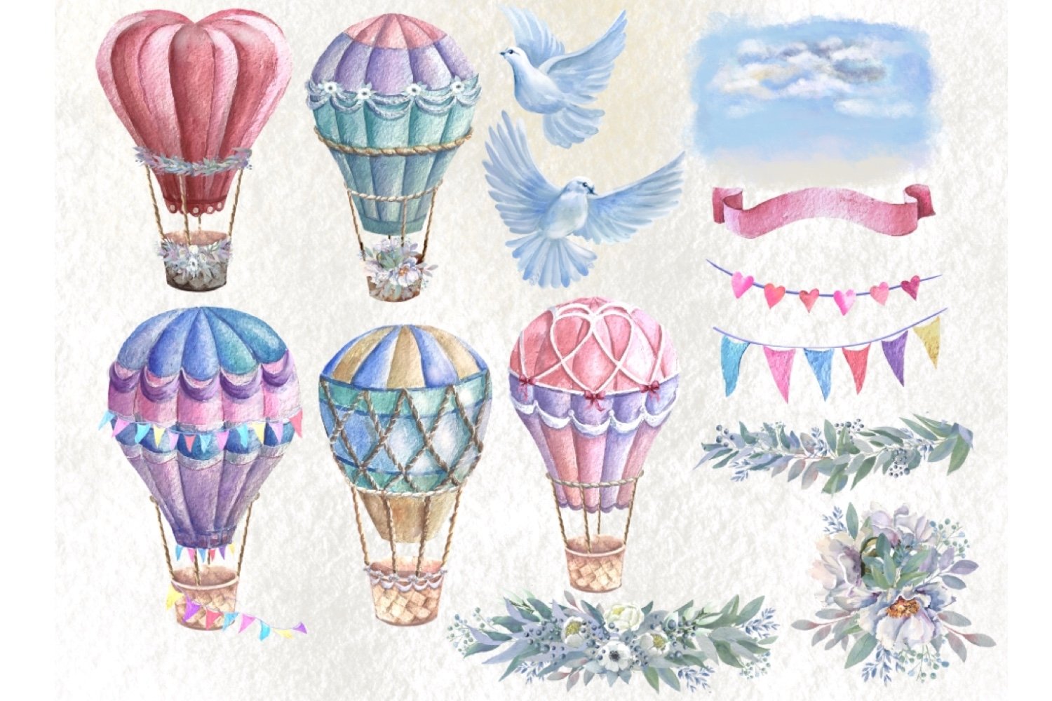 Hot Air Balloons Watercolor Clipart (974487) | Illustrations | Design ...