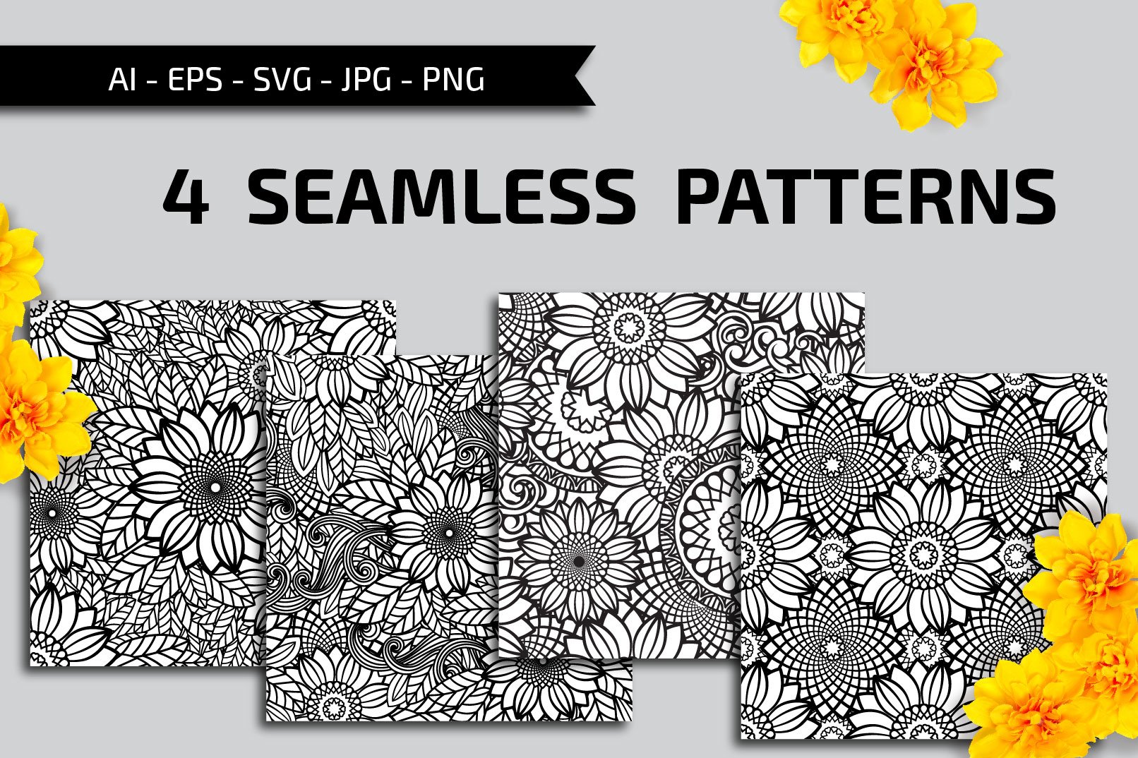 Sunflower Seamless Patterns | Zentangle Flowers | Floral Set (732058 ...