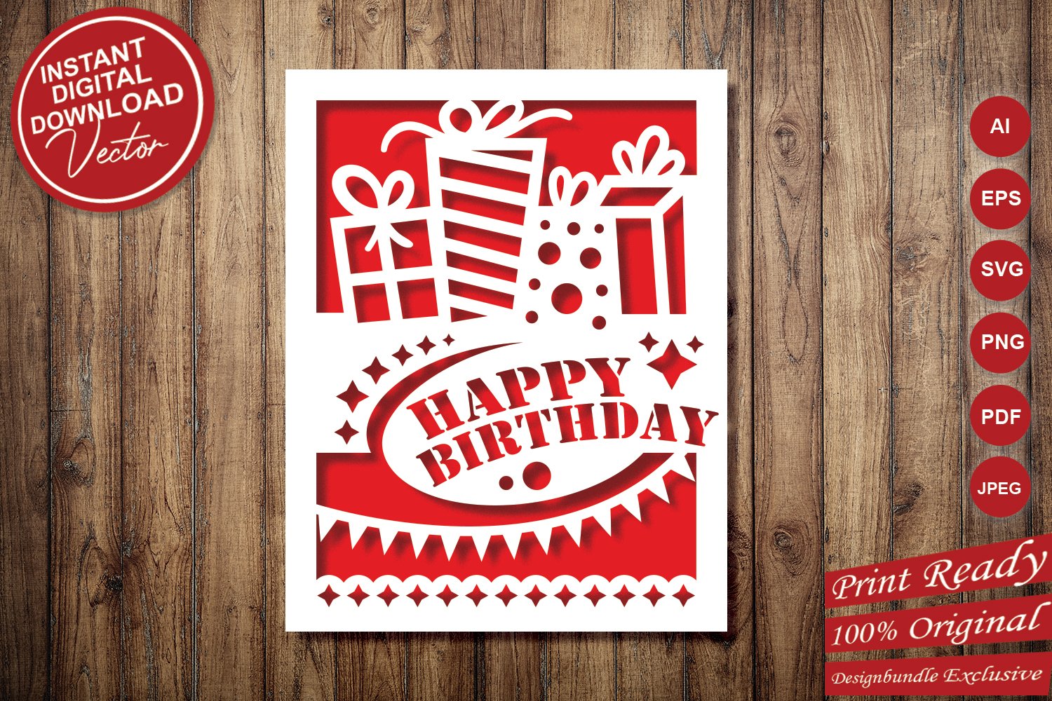 Papercut Birthday Gift Card Cover Design with Decorations