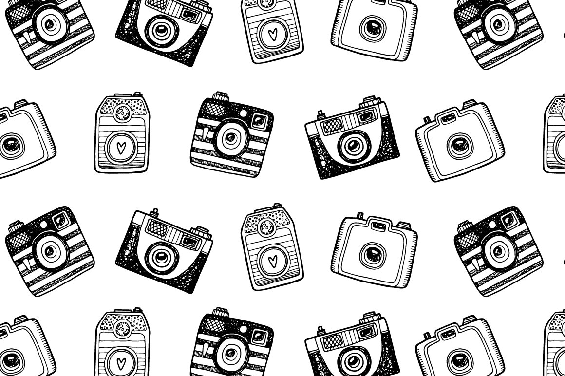 Hand drawn camera set +patterns (6437) | Decorations | Design Bundles