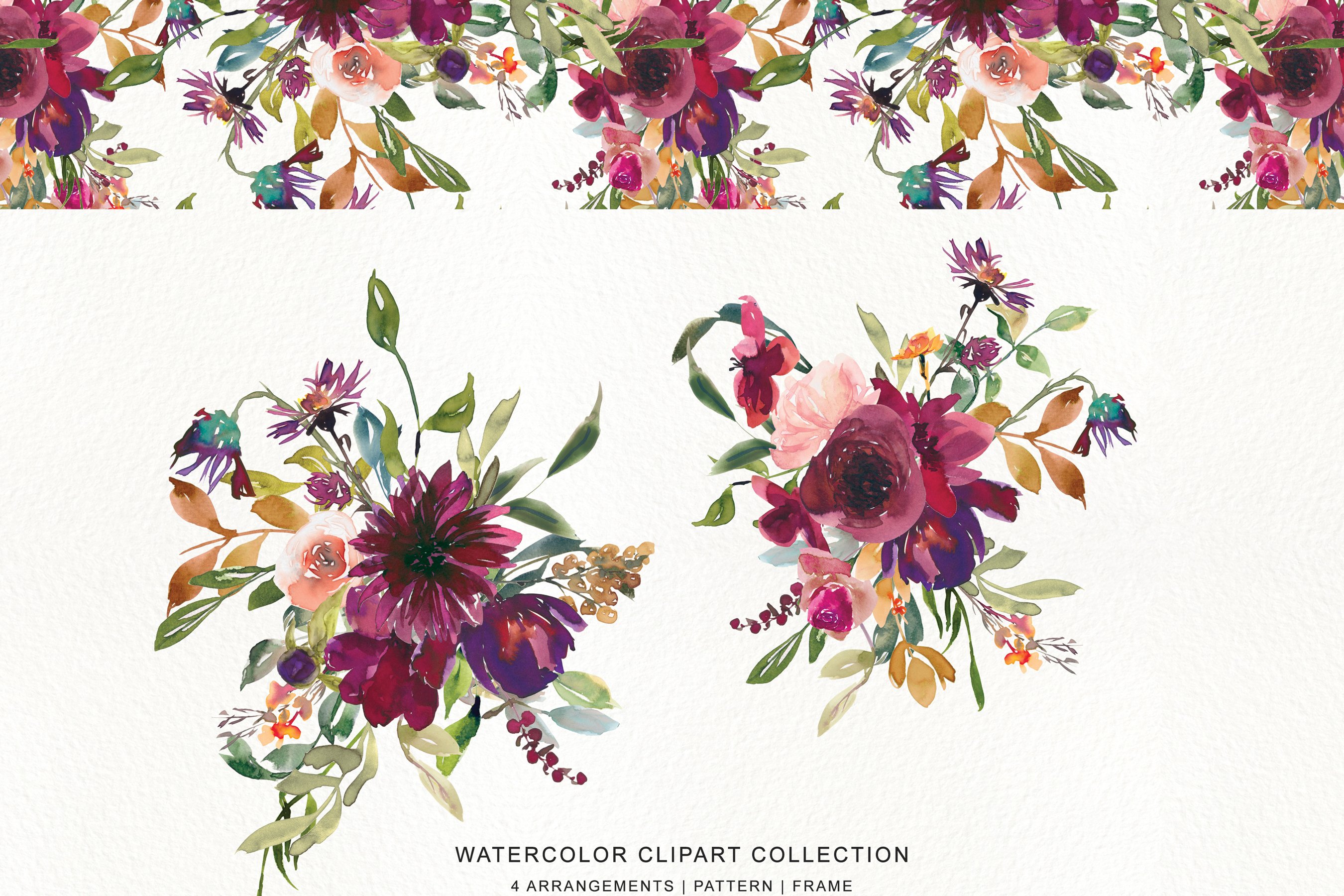 Watercolor Burgundy Autumn Flowers Clipart & Pattern (166989 ...