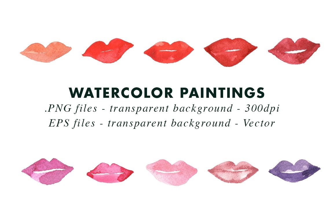 Watercolor Lips and Kisses ClipArt Paintings in PNG & Vector