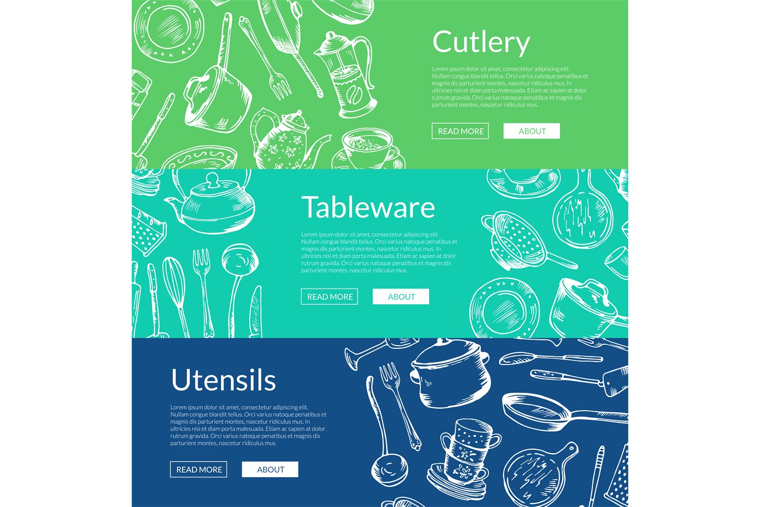 Vector banners illustration with hand drawn kitchen utensils (845635 ...
