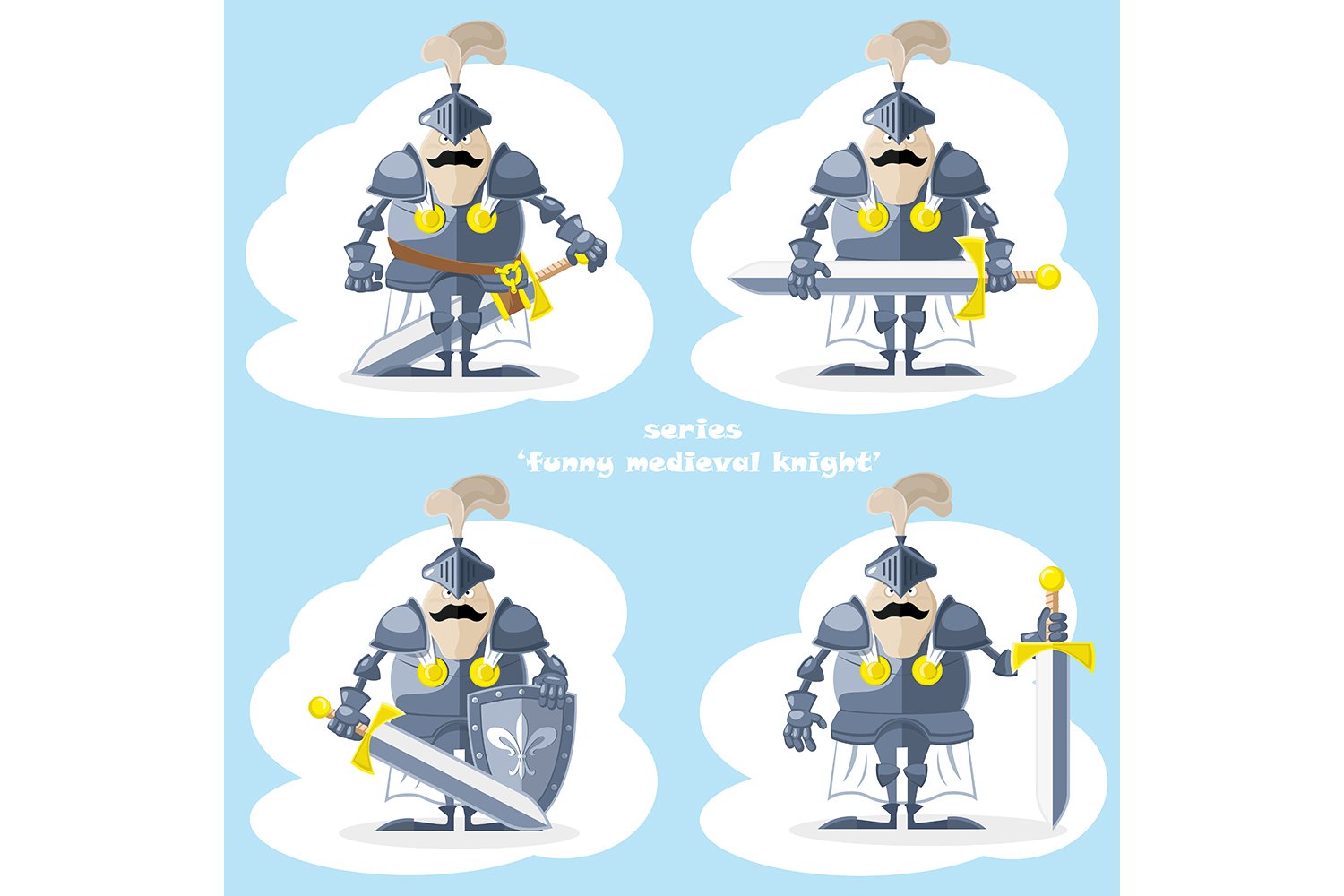 Set of 20 figure funny medieval knight or soldier. Vector illustration ...