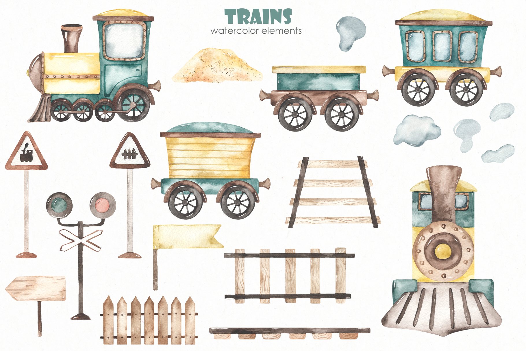 Trains watercolor collection (1105639) | Illustrations | Design Bundles