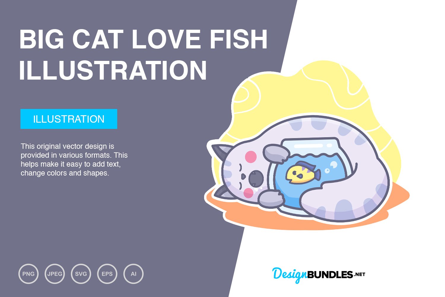 Big Cat Love Fish Vector Illustration