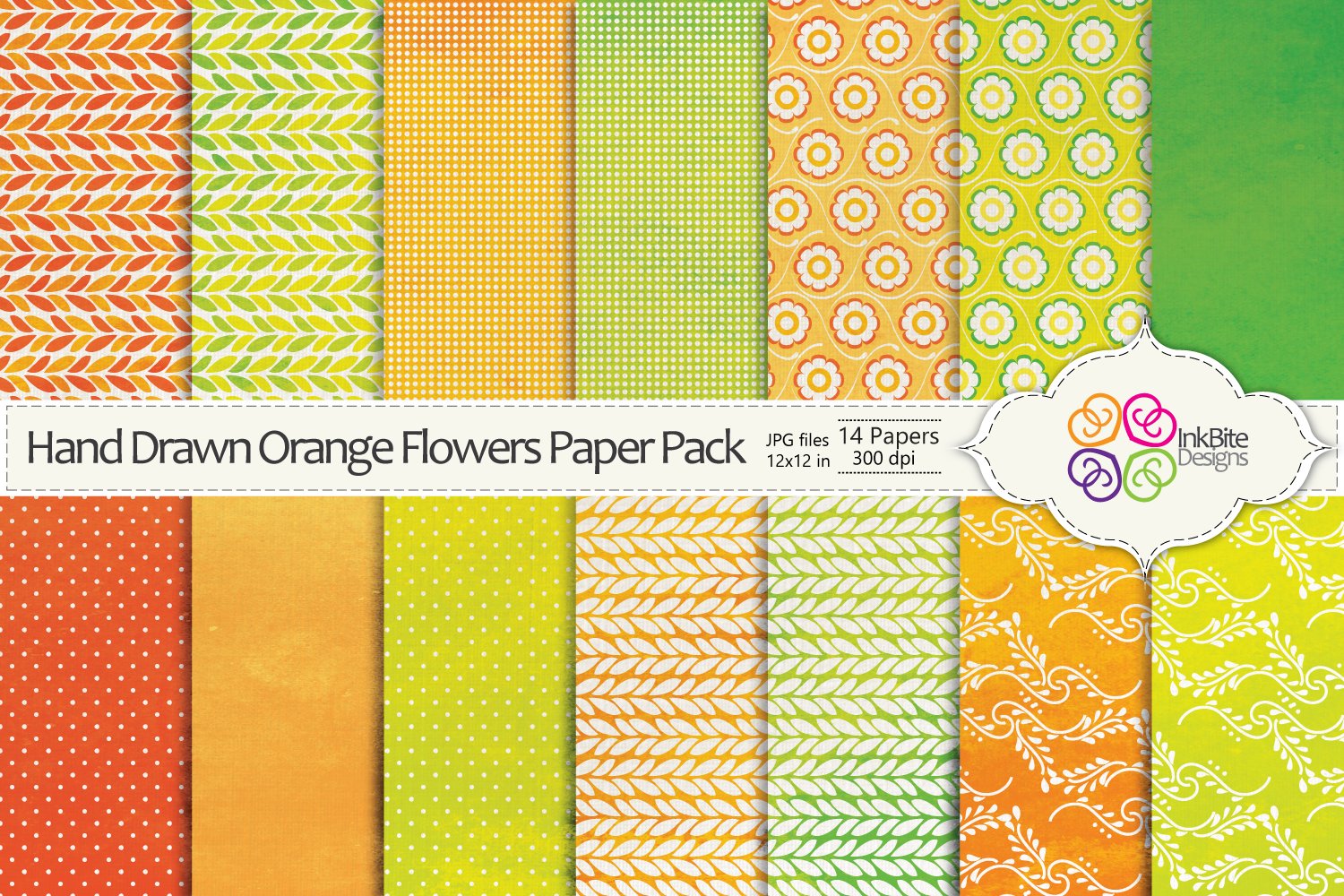 Hand Drawn Orange Flowers Paper Pack (88234) | Backgrounds | Design Bundles
