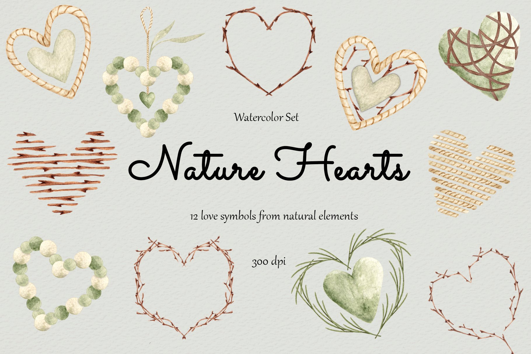 Watercolor Clipart 'Nature hearts' (1256961) | Elements | Design Bundles