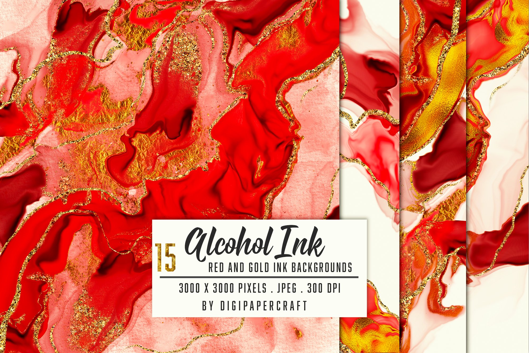 Alcohol Ink Digital Paper, Red and Gold Watercolor backdrops (898619 ...