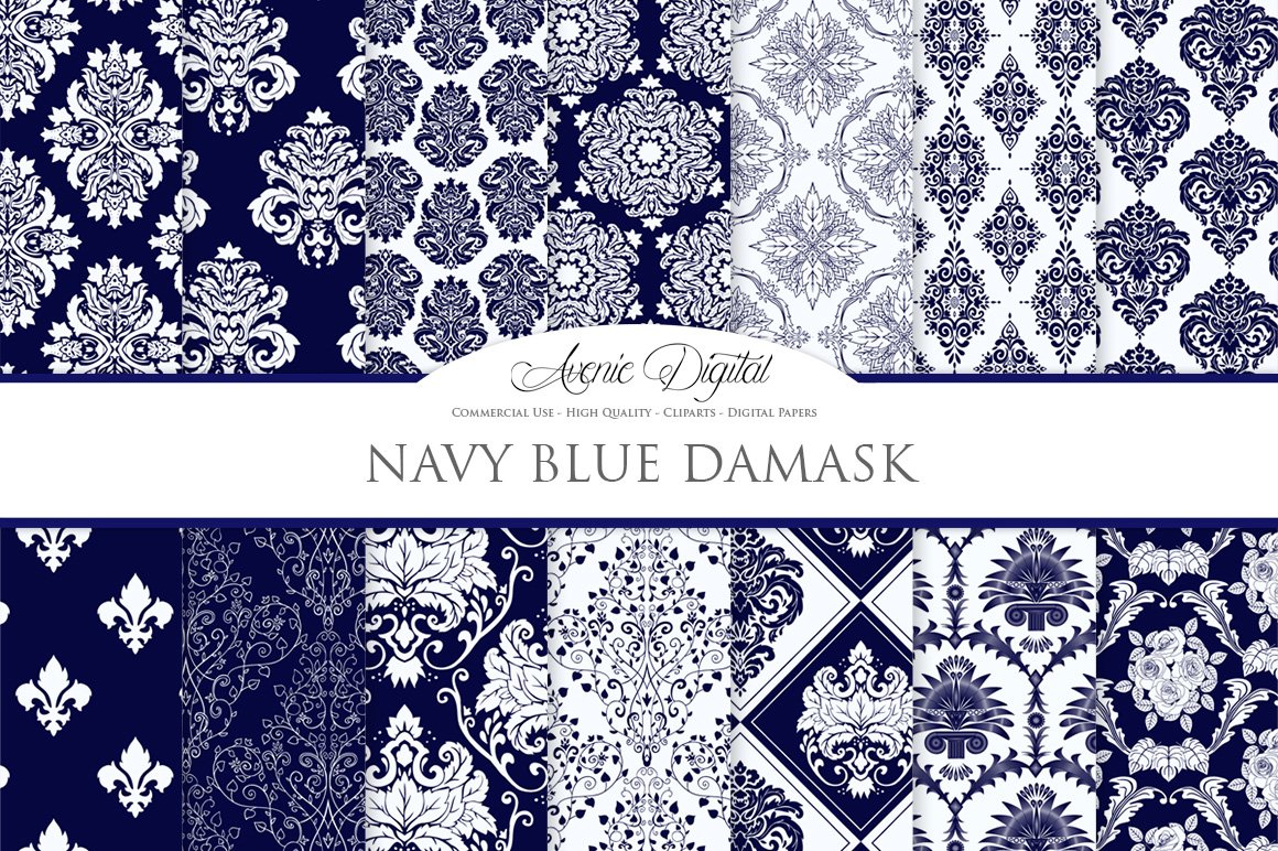 28 Navy Damask Patterns - Wedding Seamless Digital Papers Bundle (42874 ...