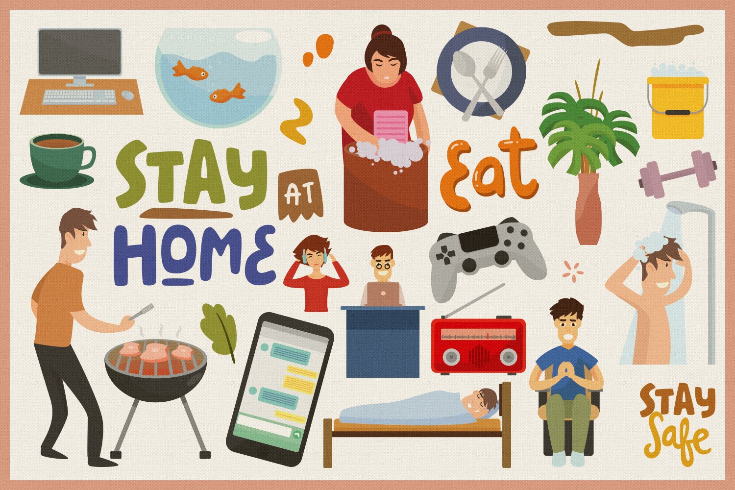 Stay At Home Vector Clipart and Seamless Pattern