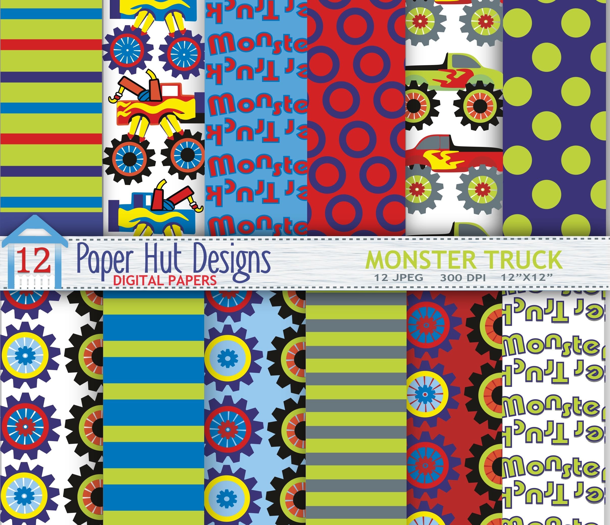 Monster Truck Digital Papers (65420) | Papers | Design Bundles