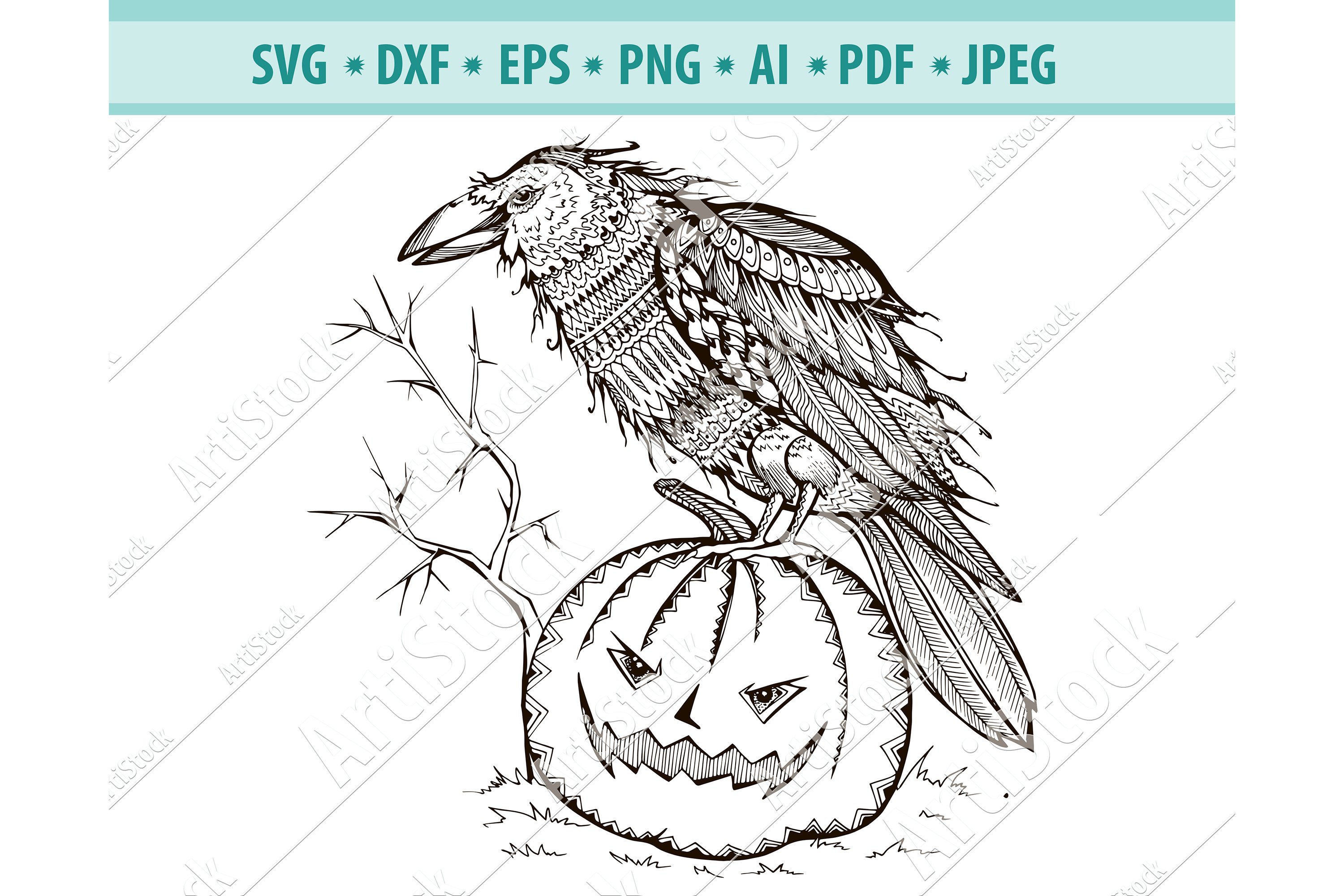 Raven SVG, Crow Zentangle Svg, Pumpkin Clipart Dxf, Png, Eps (418597 ...