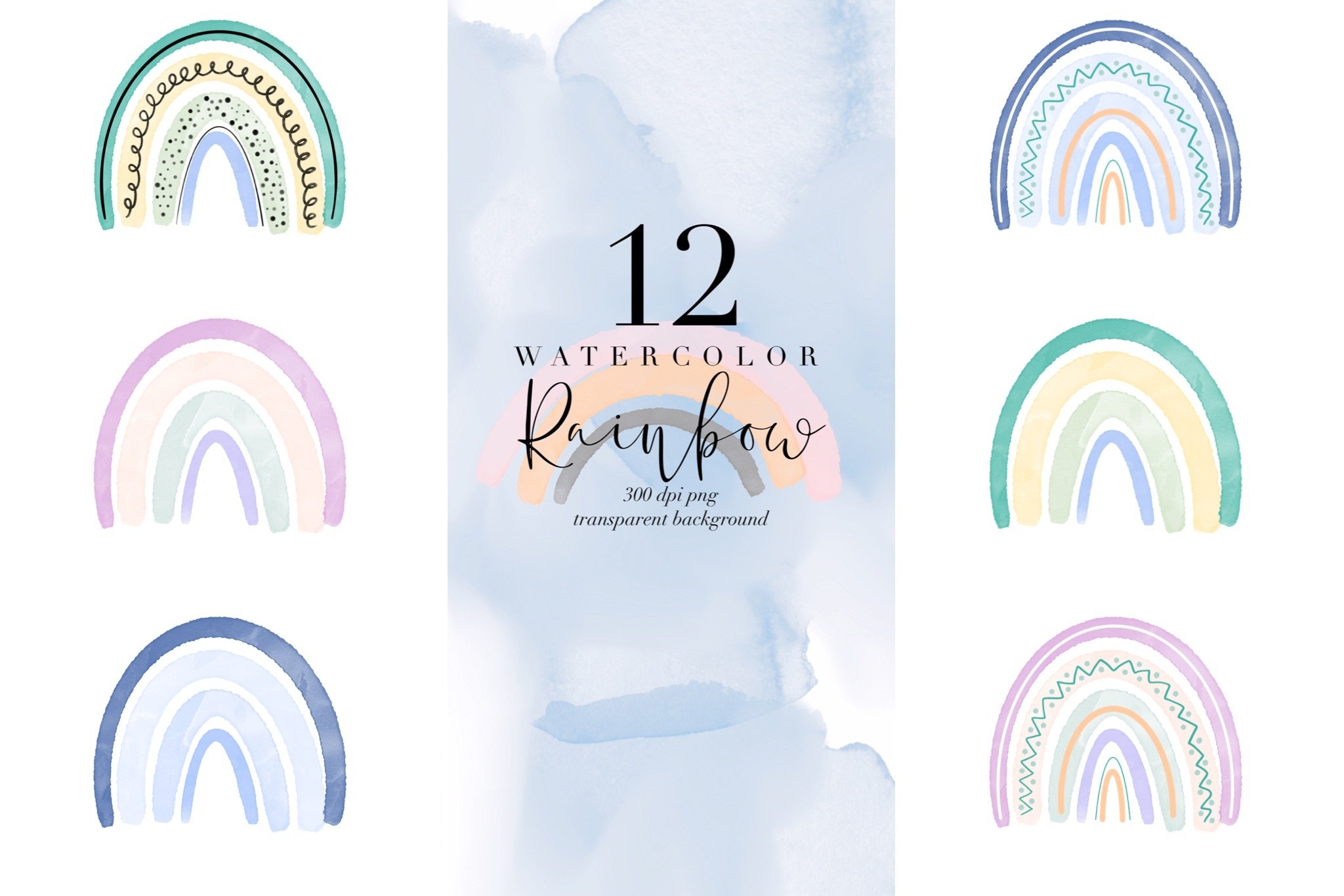 Bundle of 12 watercolor rainbow, rainbows abstract PNG color (681654 ...