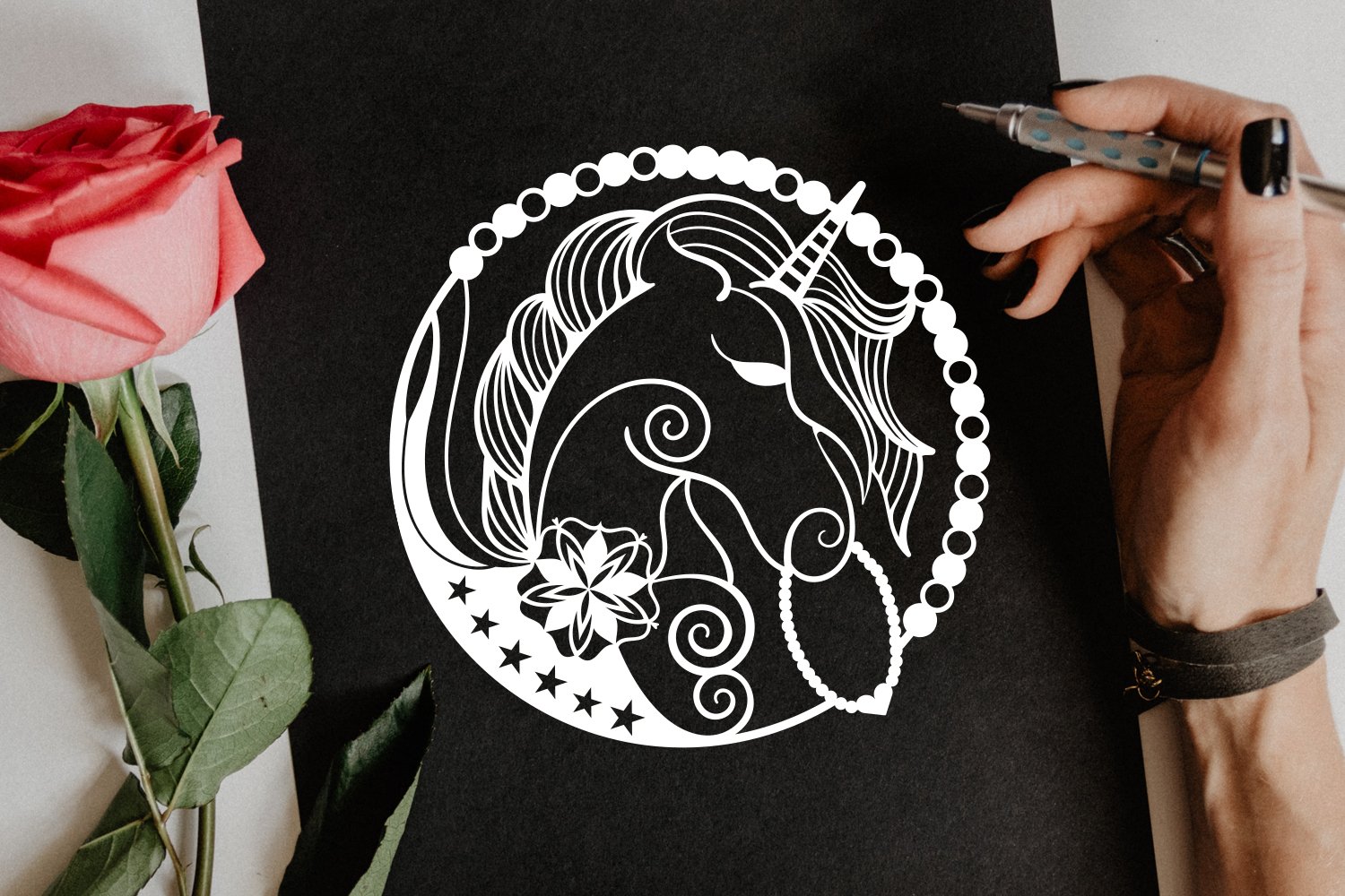 Round Unicorn Papercut, Heart, Beads and Floral Arrangement