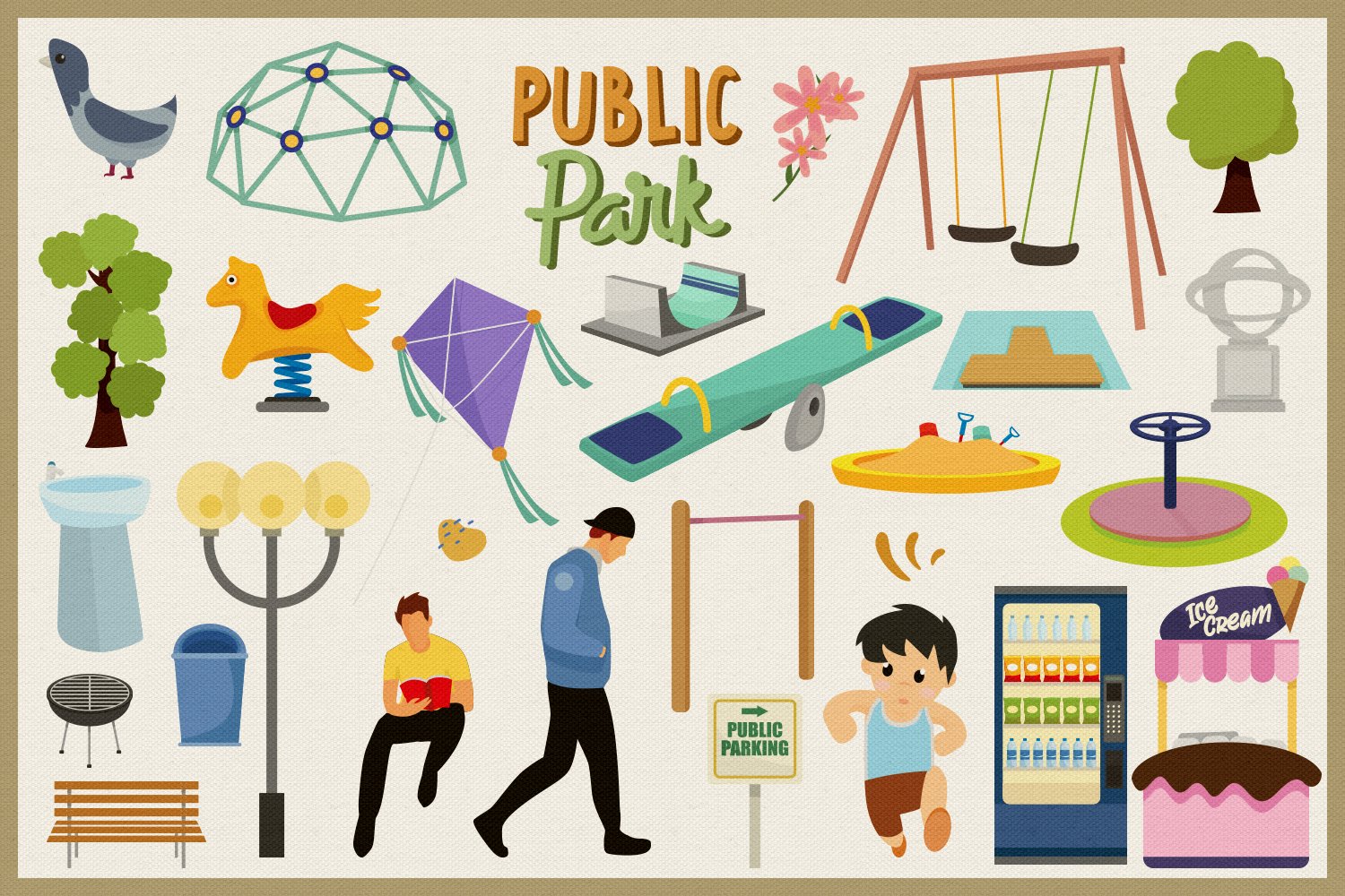 Public Park Vector Clipart and Seamless Pattern