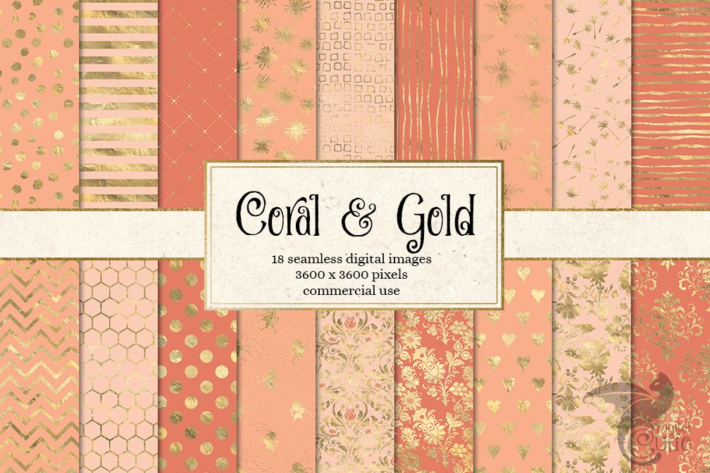 Coral and Gold Seamless Digital Paper (98452) | Patterns | Design Bundles