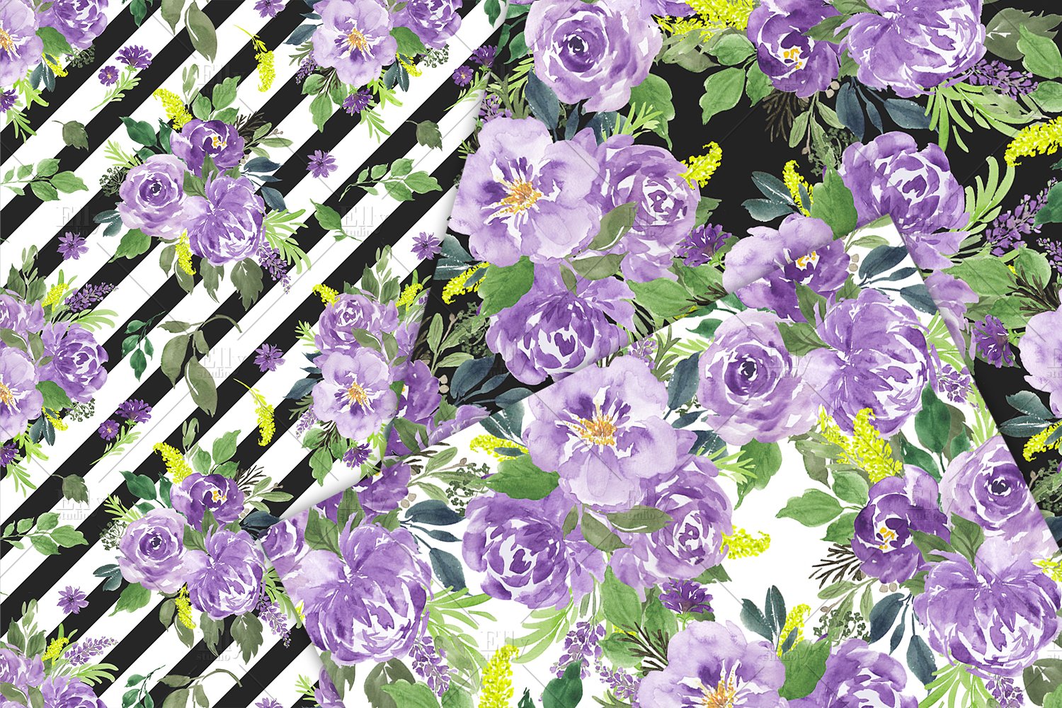 Purple Watercolor Floral Digital Paper (100643) | Patterns | Design Bundles