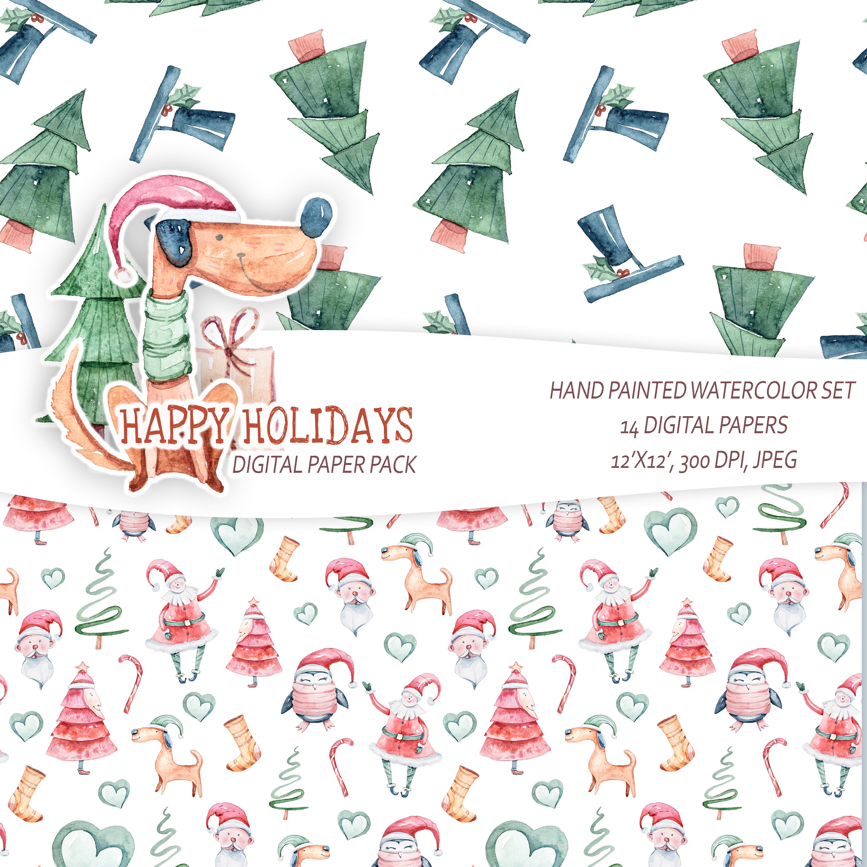 Watercolor Christmas seamless patterns. Digital paper pack (657010 ...