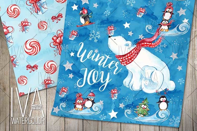 Winter Joy Christmas digital paper, Seamless Penguin paper (369934 ...