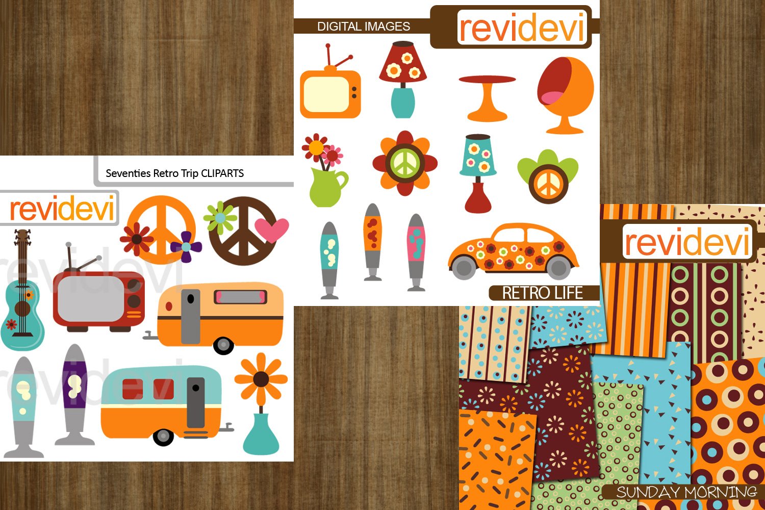 Retro 60s 70s life clip art illustrations bundle (81264 ...