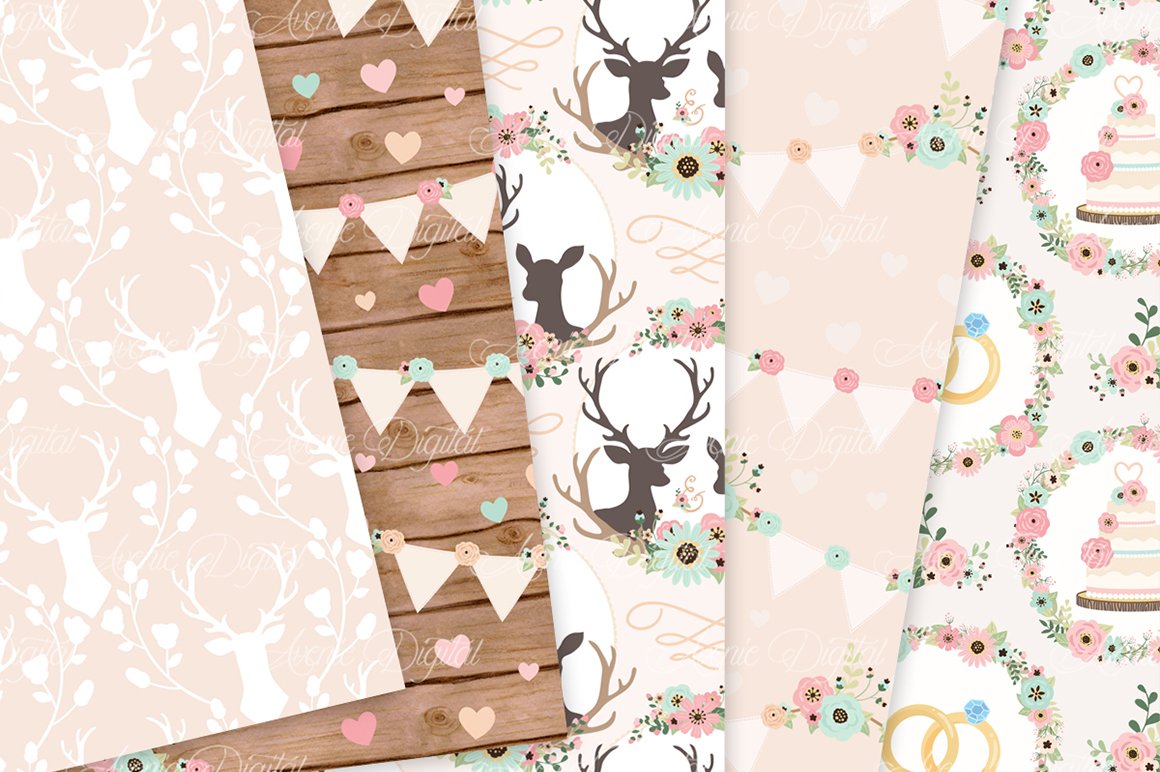 Pink and Mint Rustic Wedding Digital Paper - Classic Rustic Deer ...