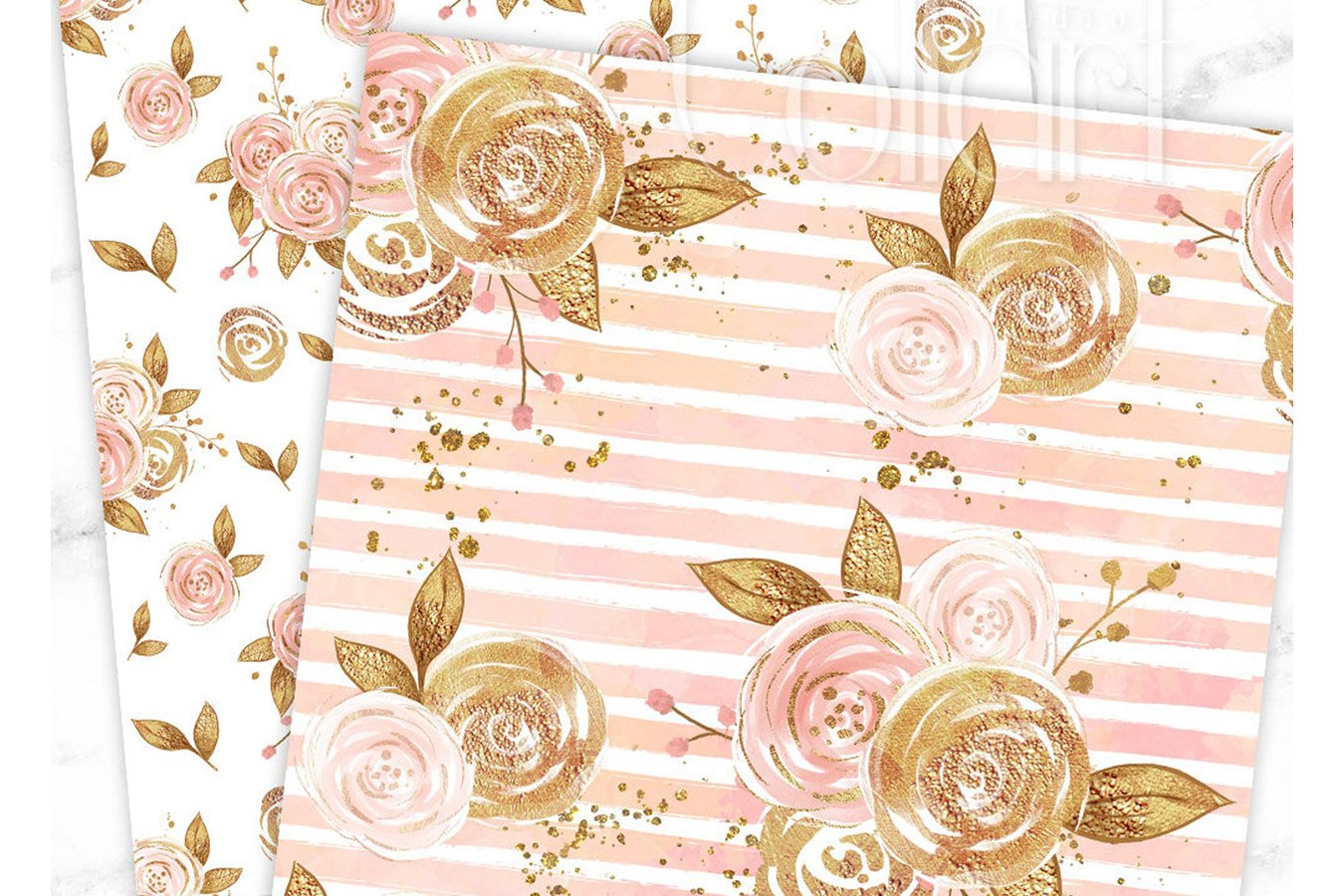 Floral Digital Paper Pack, Rose gold Flowers Planner Sticker (785325 ...