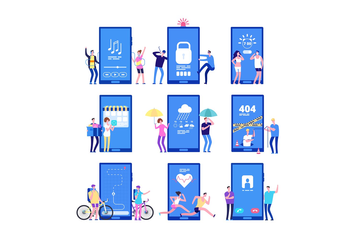 Phone app concept. Men and women standing near big cell phon (914407 ...