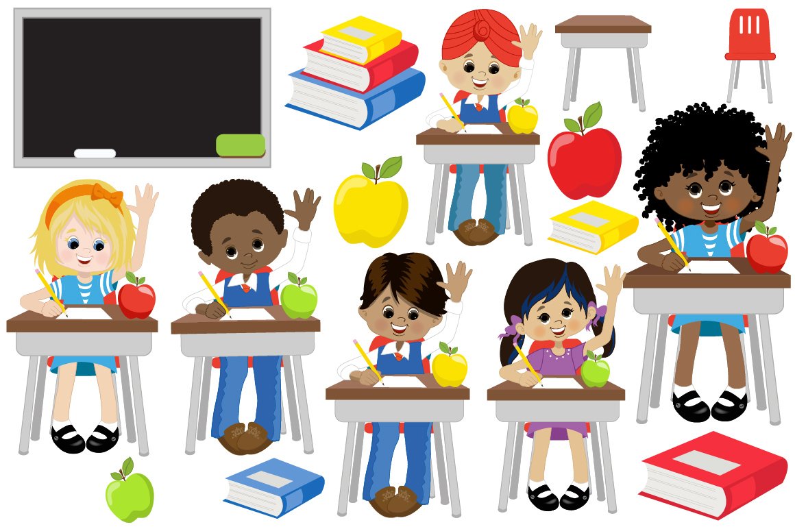 Multi-cultural kids at school Clipart