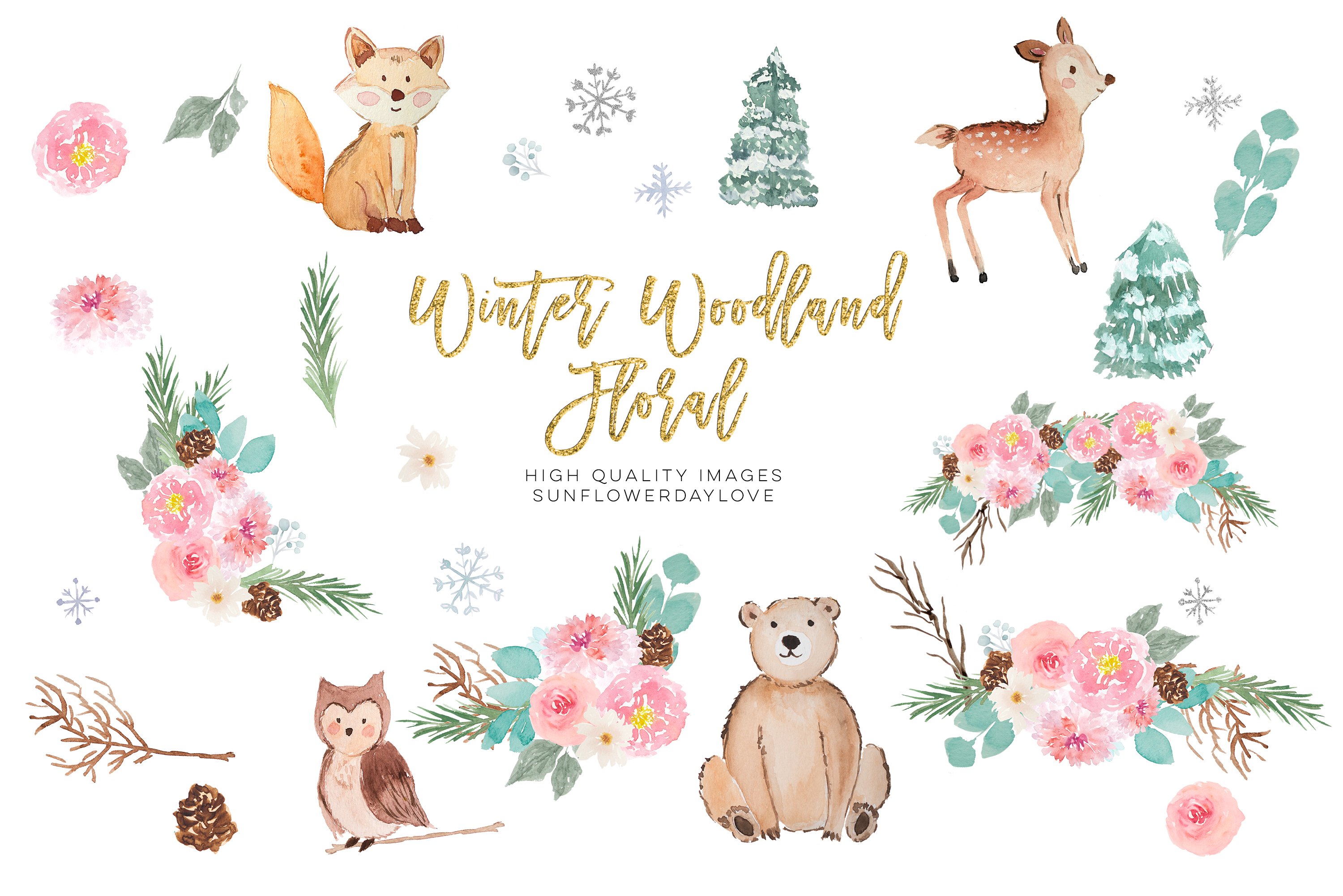 Winter Woodland Animals Clipart, Watercolor Forest Animals (384888 ...