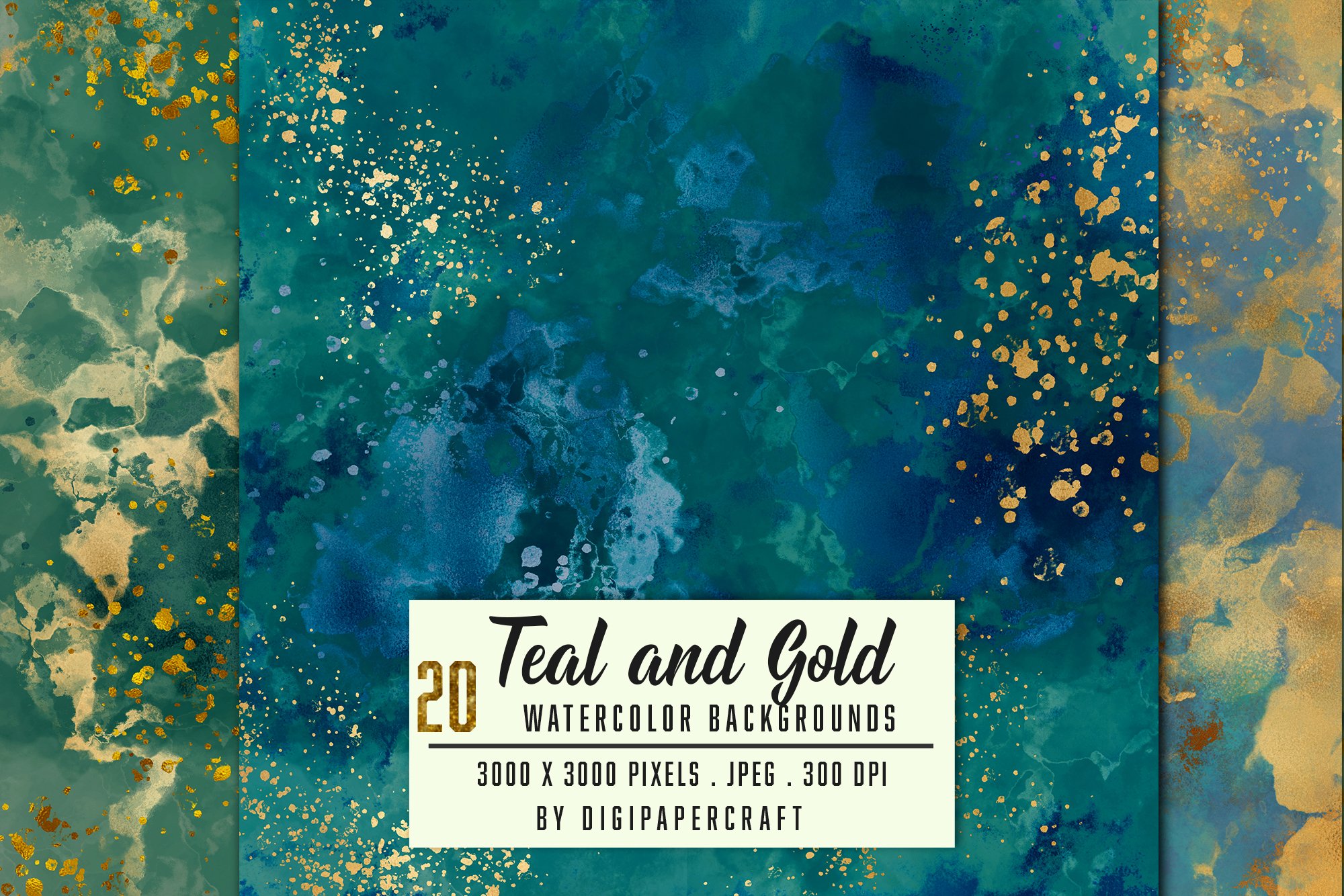 Teal and Gold Watercolor Digital Paper, Alcohol ink paper (891747 ...