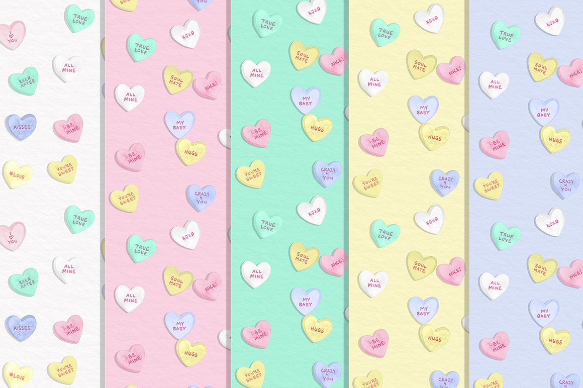 Watercolor Candy Hearts Set (411217) | Illustrations | Design Bundles