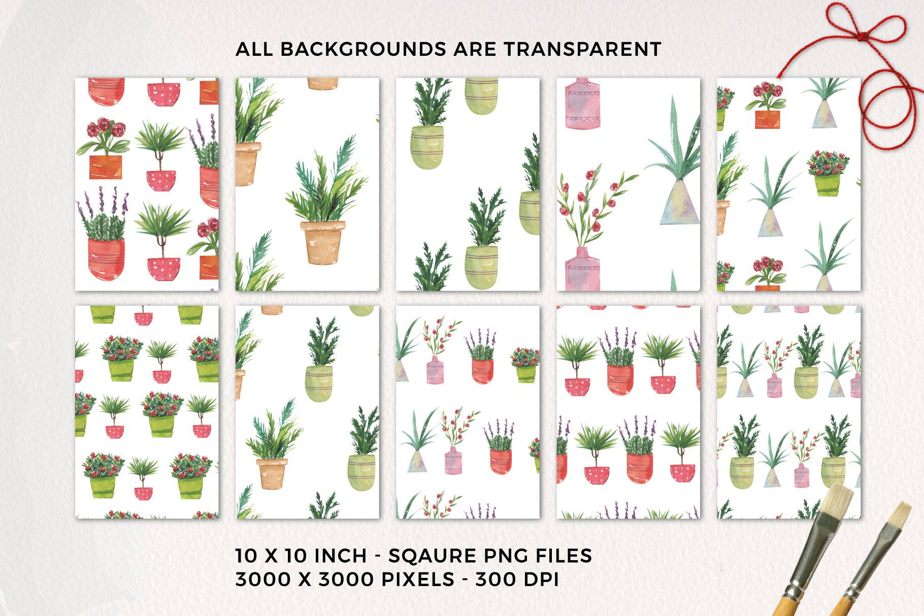 Plants In Pots Watercolor Seamless Patterns Pretty Planters