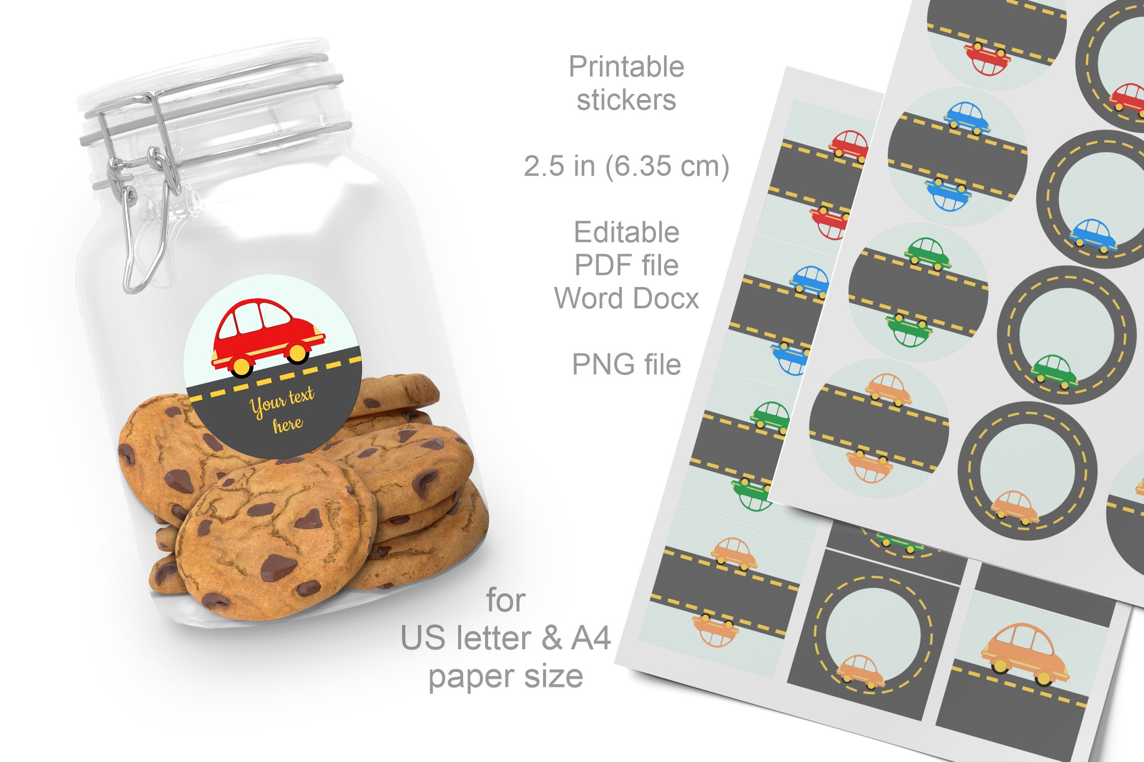 Printable Labels with Cars 2.5 in A4 and US Letter