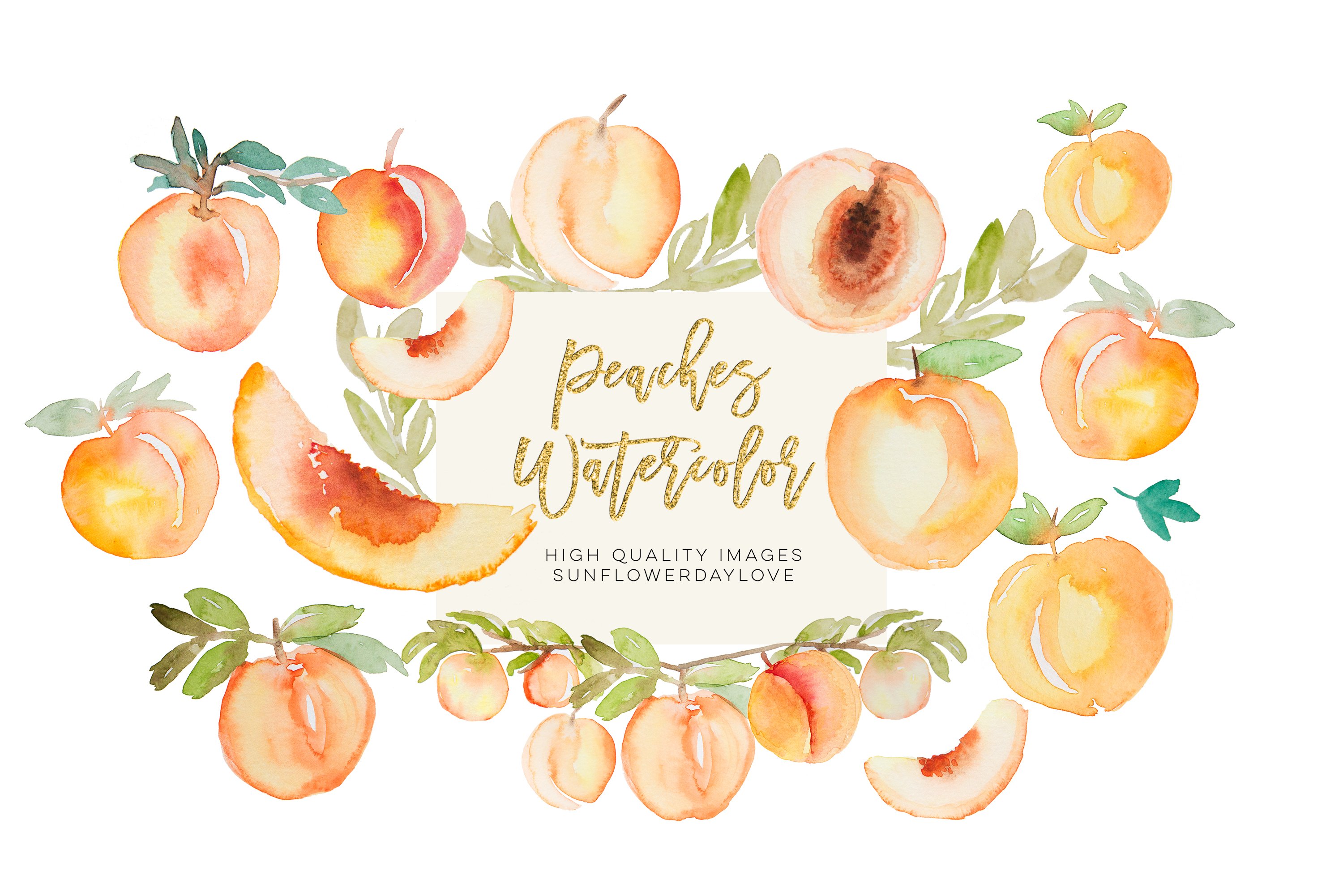 Greenery peaches watercolor clipart, summer peaches clipart (422009 ...