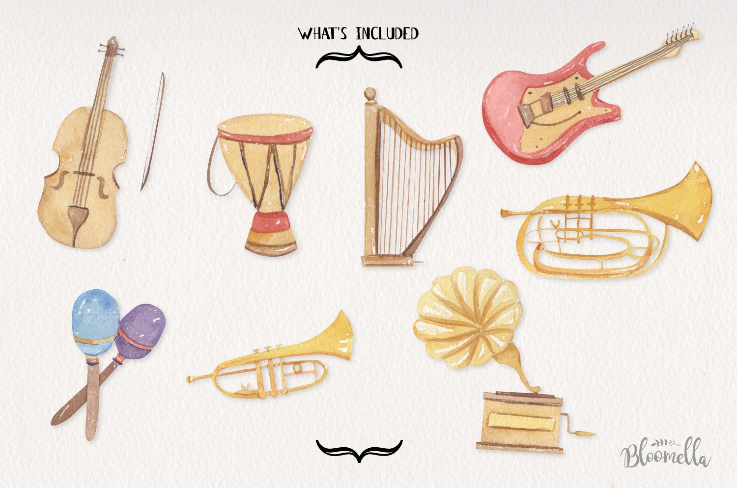 Music Watercolor 8 Elements Musical Tunes Fun Instruments