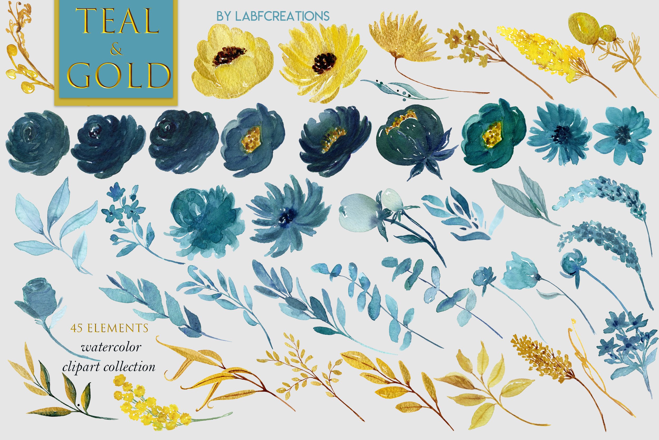 Teal & Gold. Watercolor flowers clip art (433245) | Illustrations ...