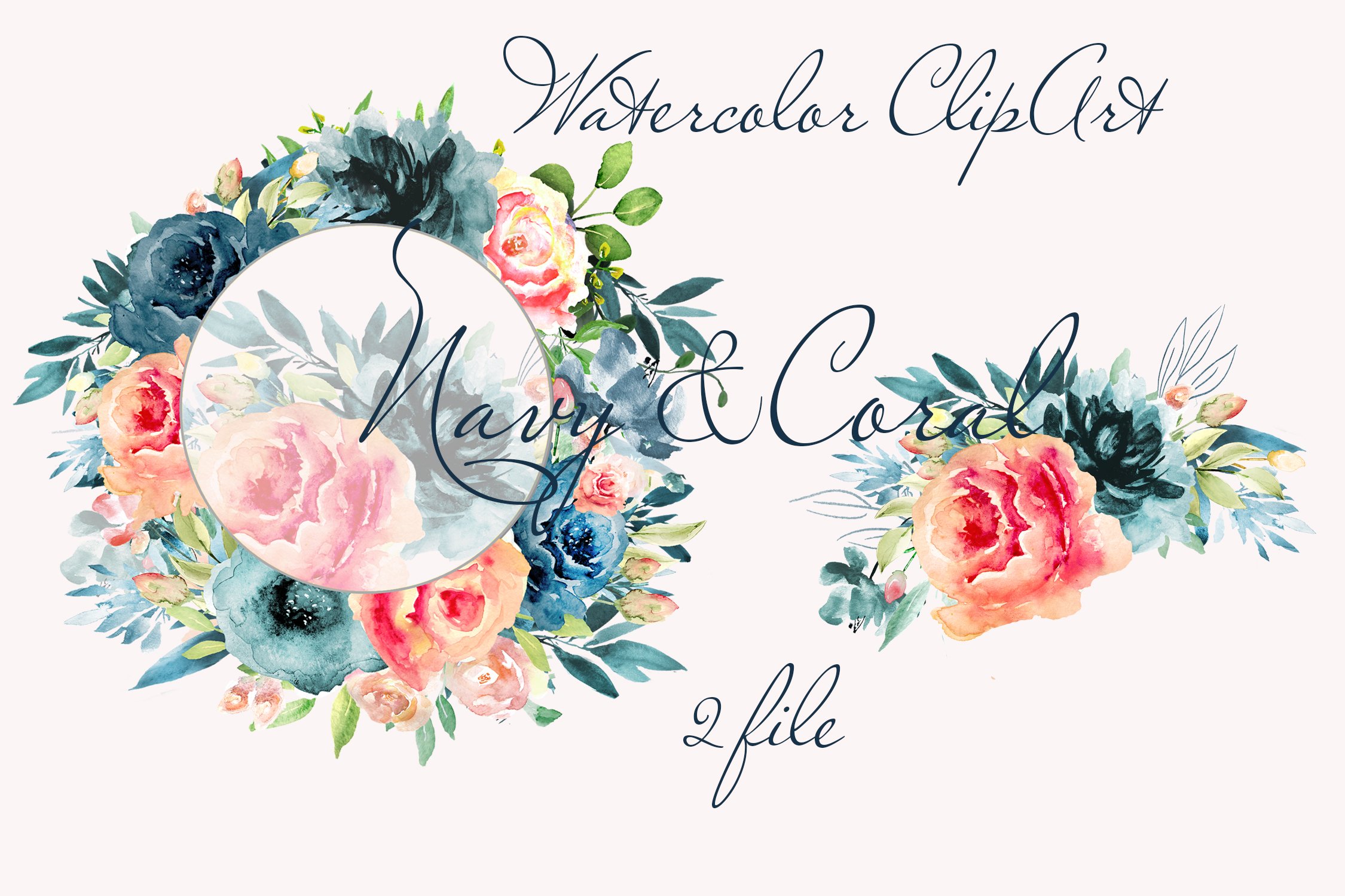 Wreath clipart Watercolor Coral Navy Flowers Frame invite (563709 ...