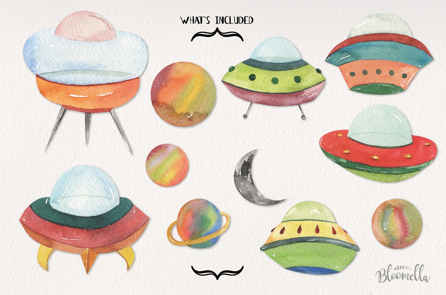 Spaceship Watercolor 11 Elements Space Planets Galaxy