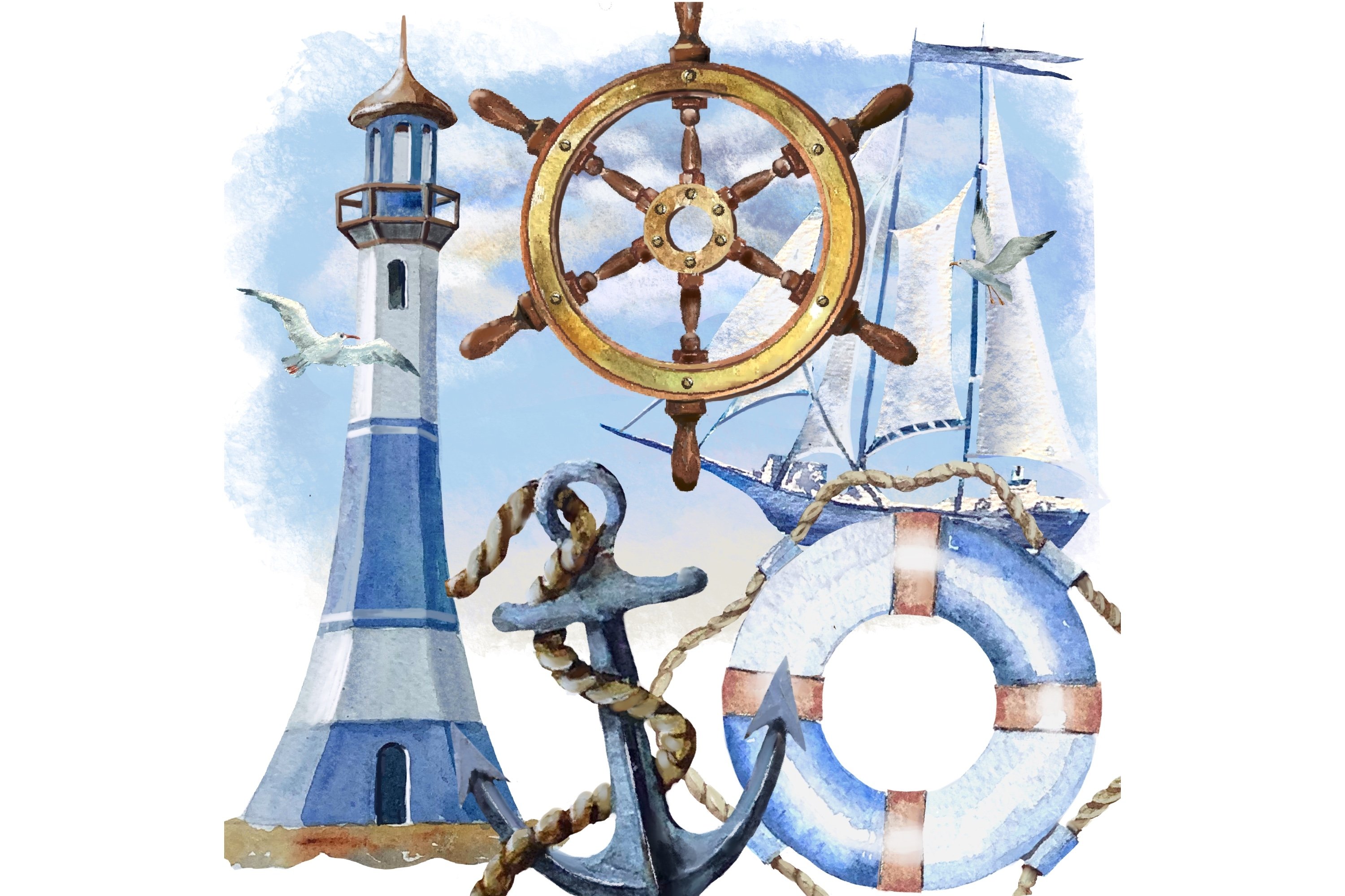 Nautical watercolor set, marine lighthouse, ocean clipart (915258 ...