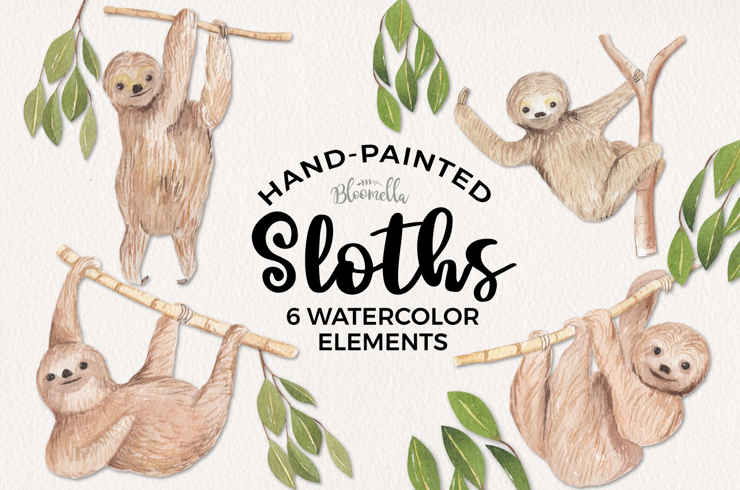 6 Watercolor Sloths Animal Hand Painted Cute Sloth Set Leaf