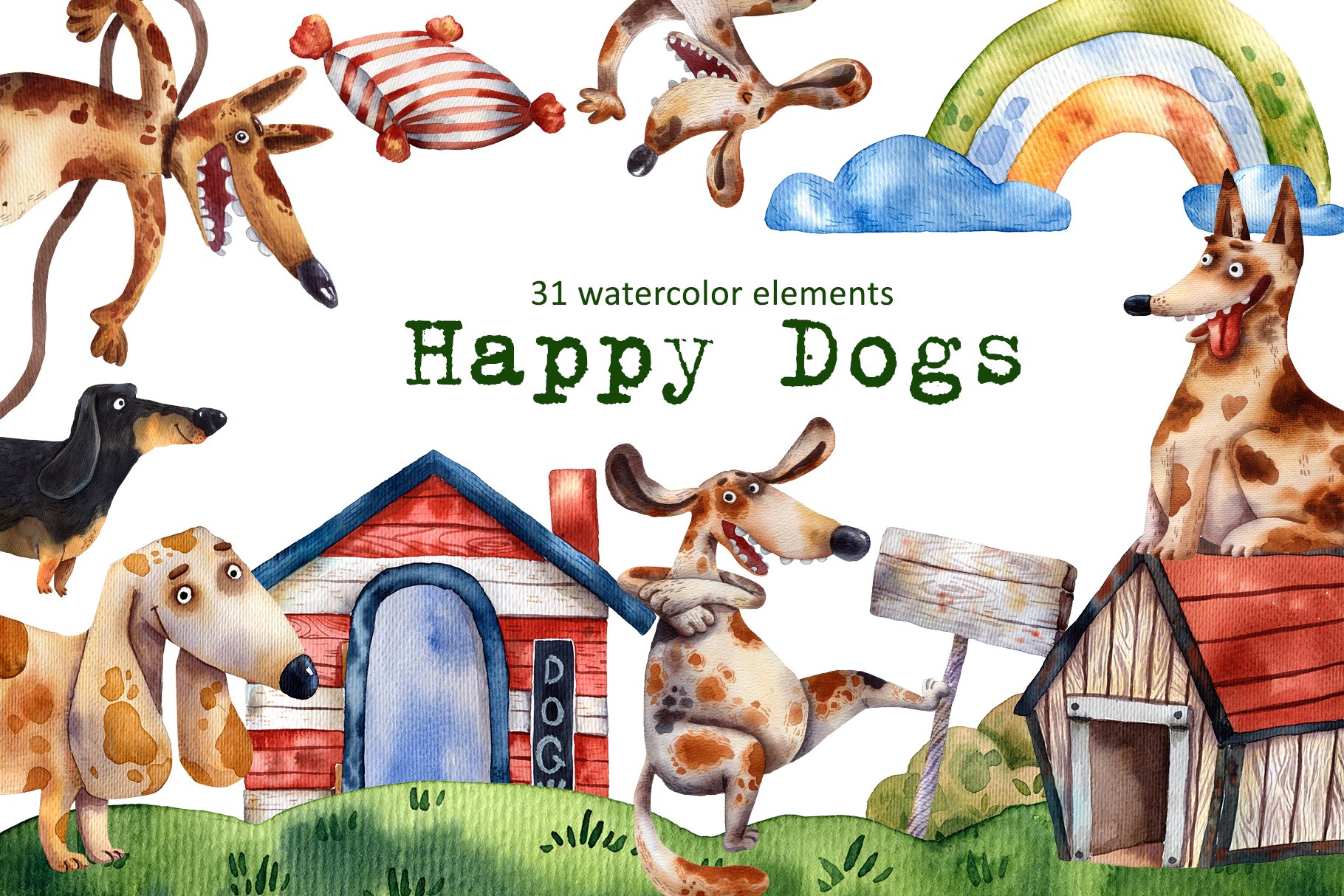 Happy Dogs - Clip Art Set (1190248) | Illustrations | Design Bundles
