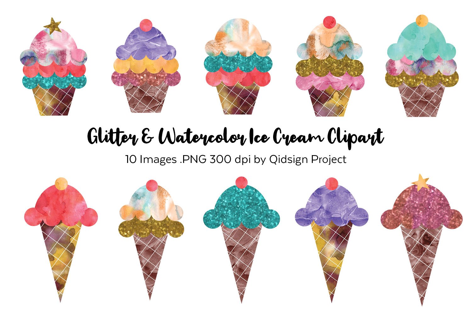 Glitter & Watercolor ice cream clipart .PNG (252612) | Illustrations ...