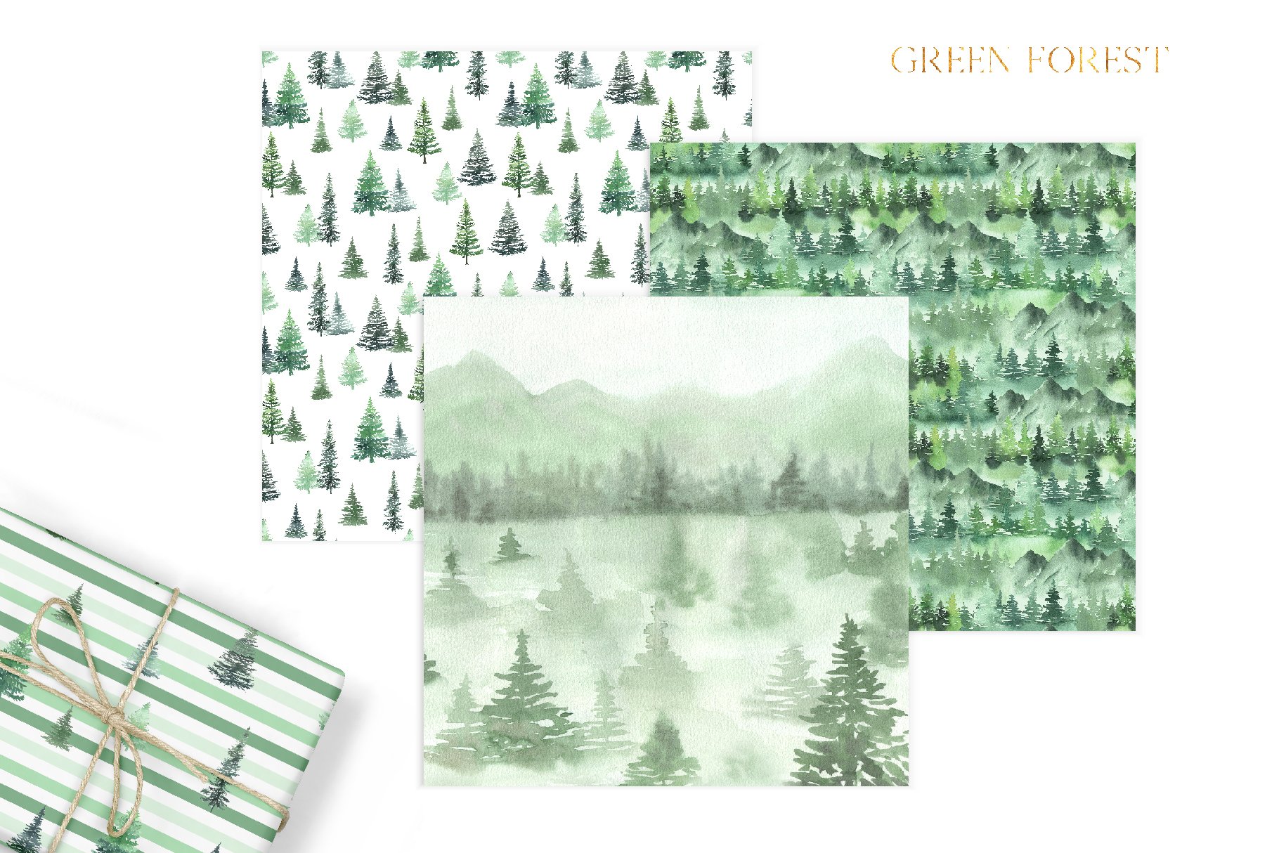 Watercolor Green Fores Digital Papers (1132062) | Illustrations ...