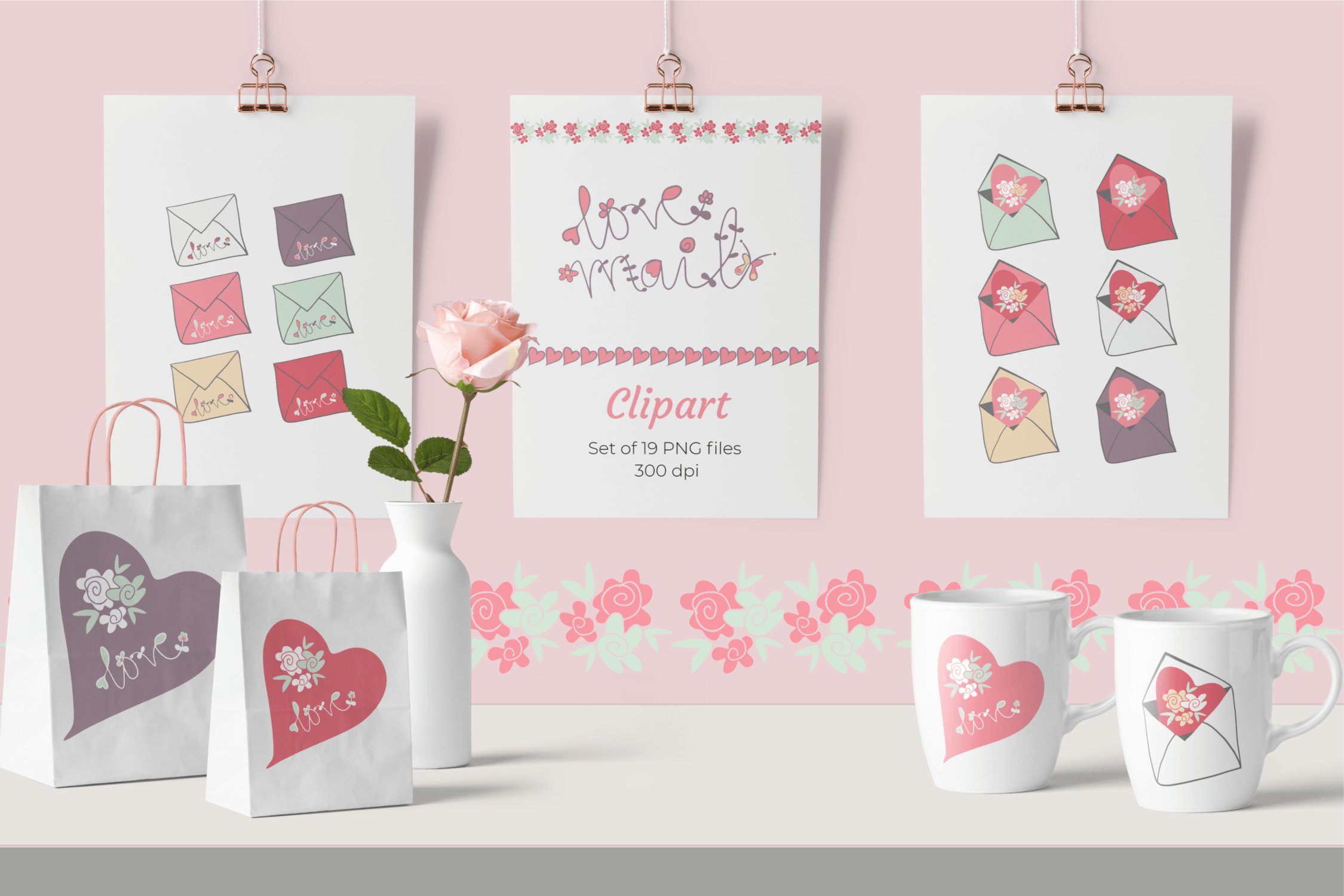 Valentine Love Mail and Hearts Clip Art Set of 19 PNG files