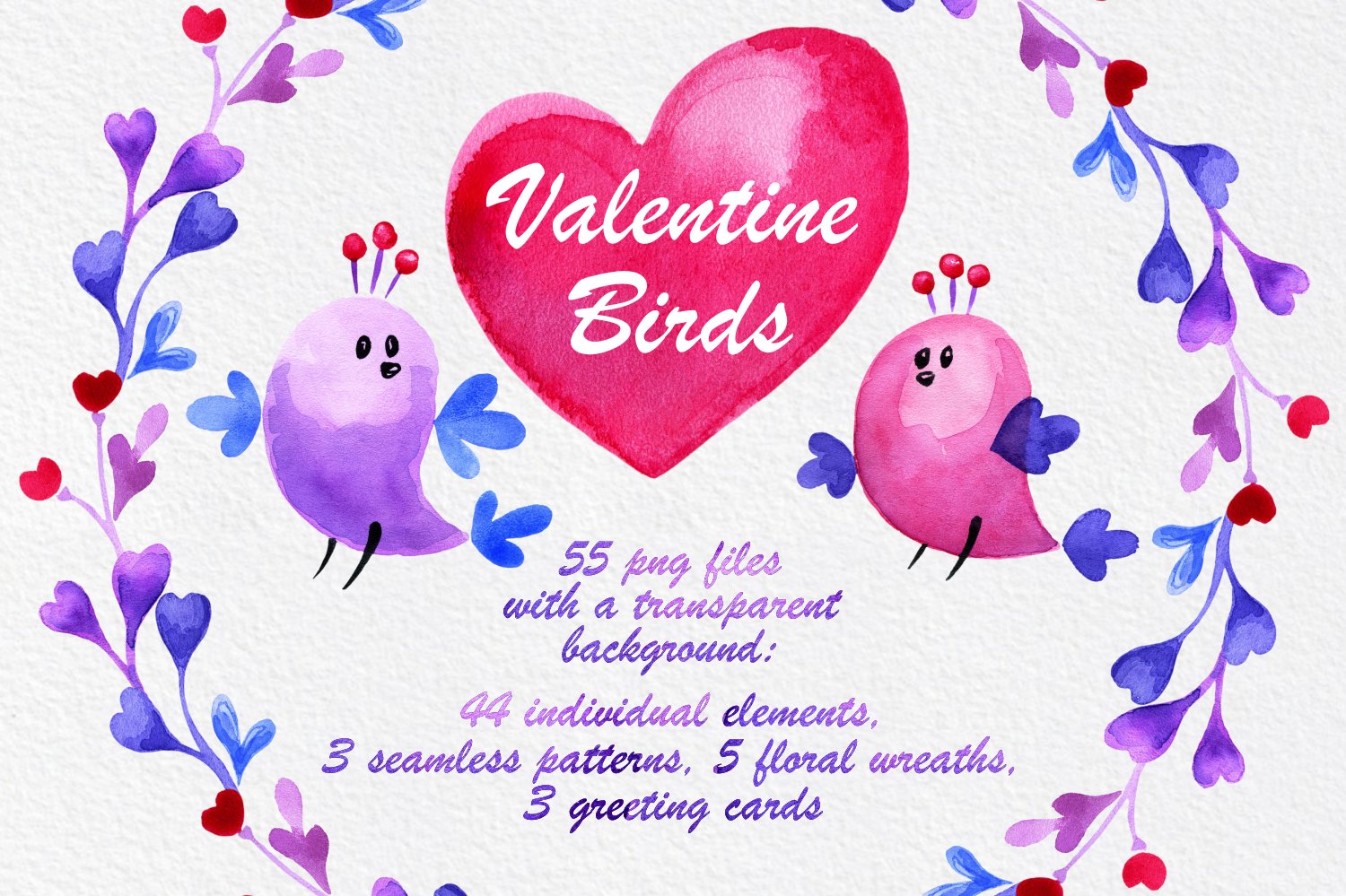 Valentine birds. Watercolor set. (56129) | Clipart | Design Bundles